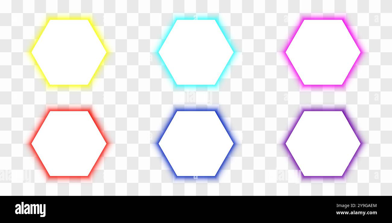 Hexagonal white frames with multi-colored LED panel. Yellow, turquoise ...