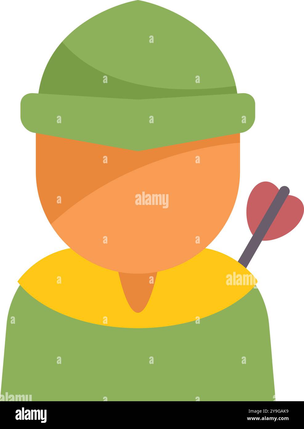 Faceless robin hood archer character wearing green tunic and hat holding arrow with heart tip ...