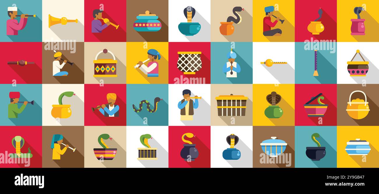 Snake charmer icons set. Snake charmers playing pungi and different ...