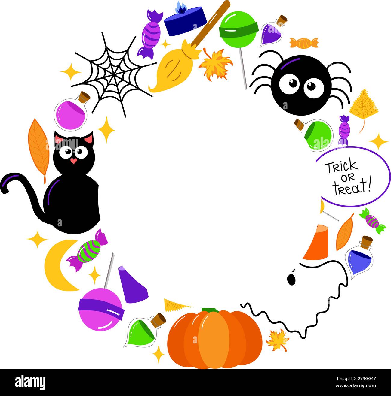 Halloween vector round frame features black cat, broom, spider, ghost ...