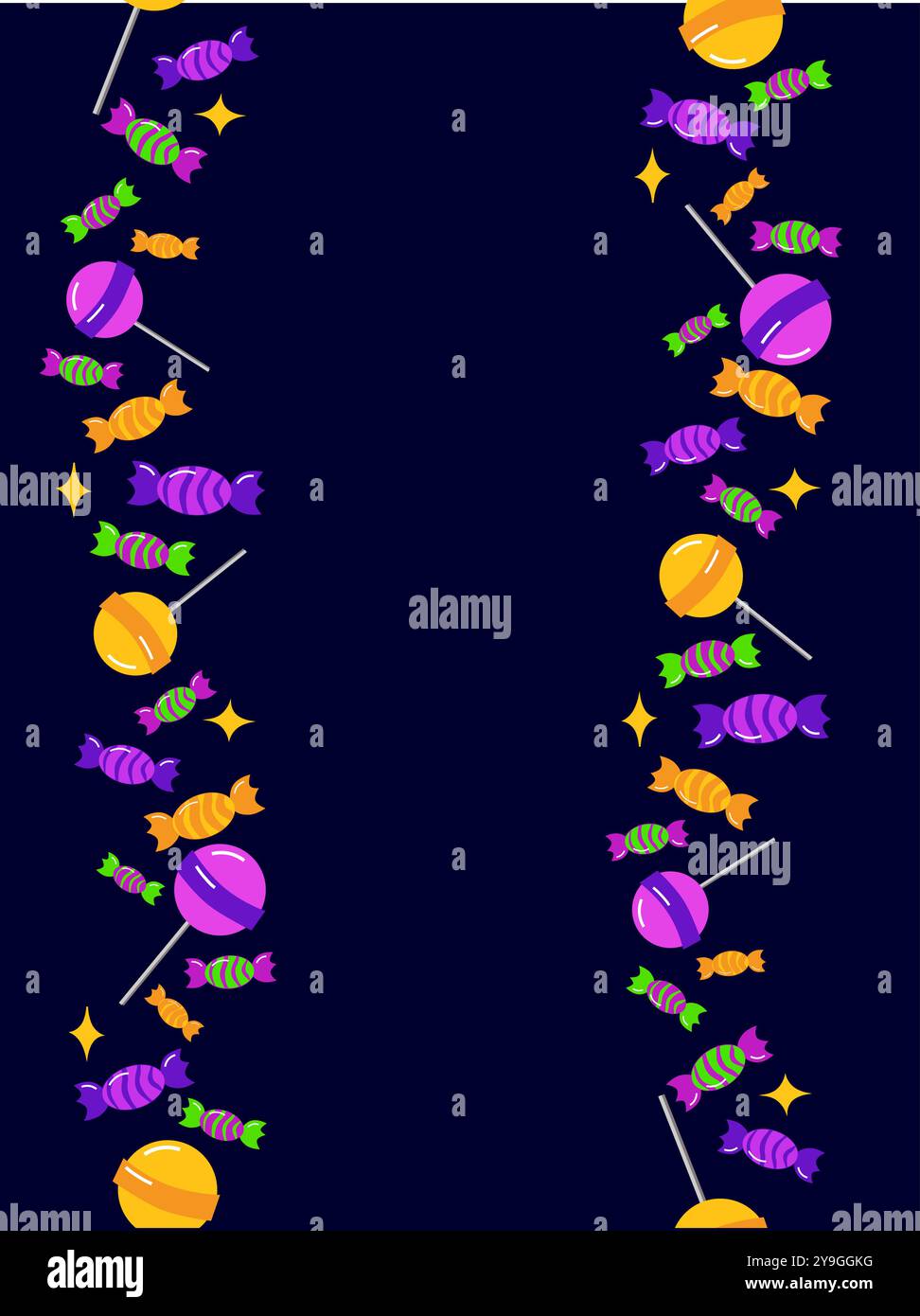 Vertical seamless border frame with candy and lollypops on a dark ...