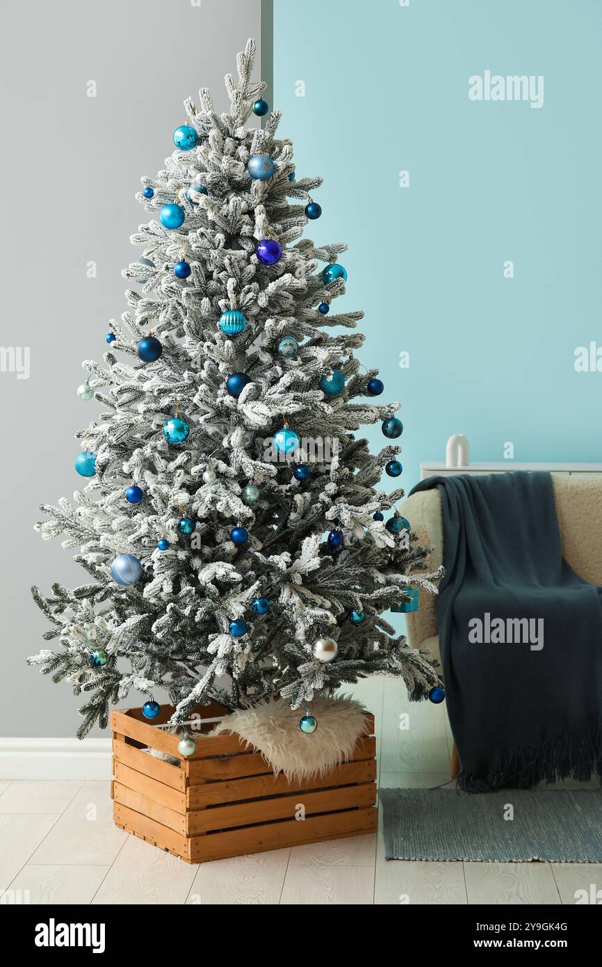 Beautiful Christmas tree with sofa near blue wall Stock Photo - Alamy