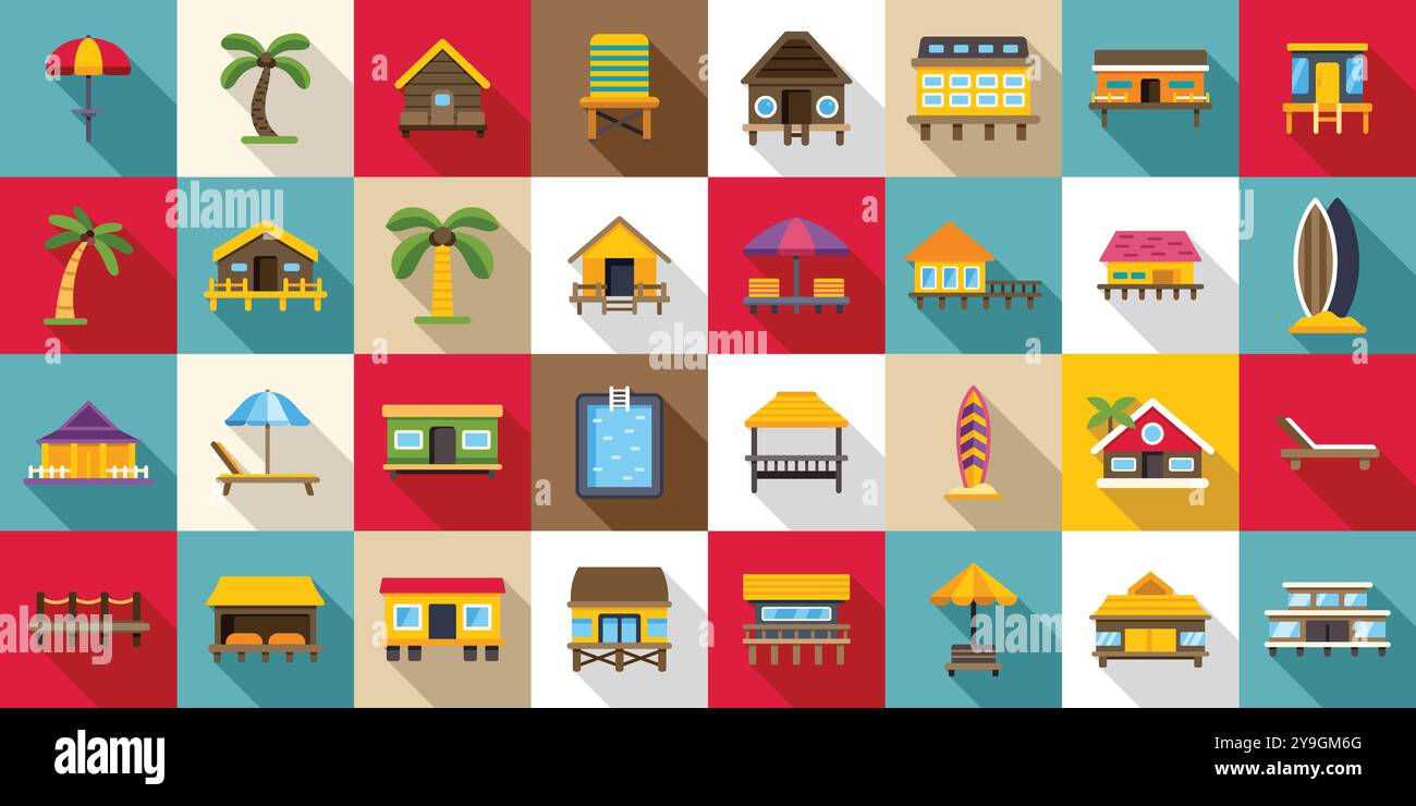 Tropical hotel icons set. Set of various bungalow icons depicting beach ...