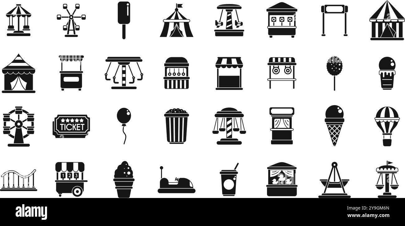 Funfair icons set. Amusement park entertainment showing rides and food ...