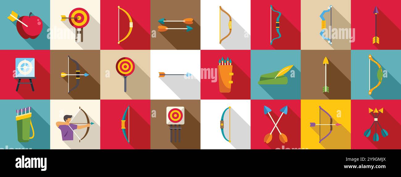 Archery shoot weapon icons set. Archer aiming with bow and arrow at ...