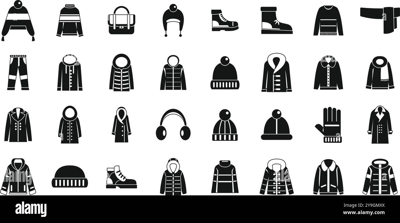 Wardrobe winter icons set. Big set of winter clothes icons showing ...