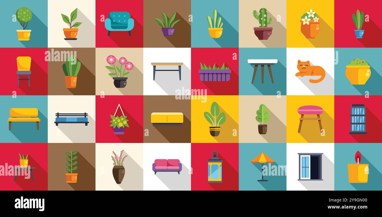 Veranda interior icons set. Big set of colorful icons depicting various ...