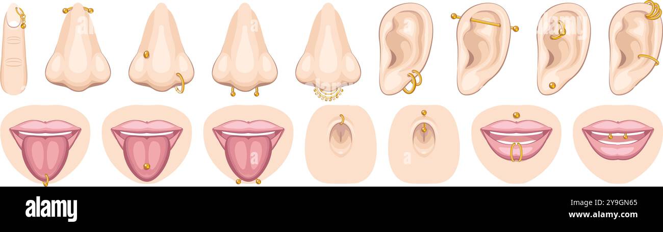 Piercing icons set. Set of realistic illustrations showing various types of piercings on ...