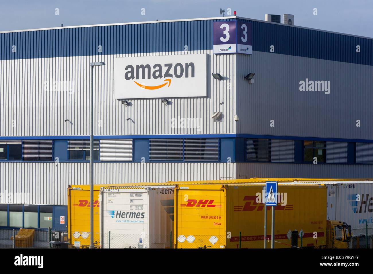 Warehouse Building Amazon Logistics Distribution Center DHL Hermes Shipping Containers Stock ...