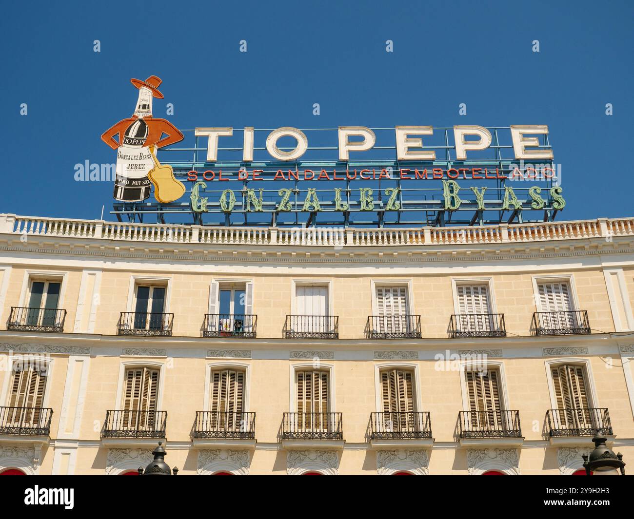 Tio Pepe sign on roof of city centre building on the Puerta del Sol ...