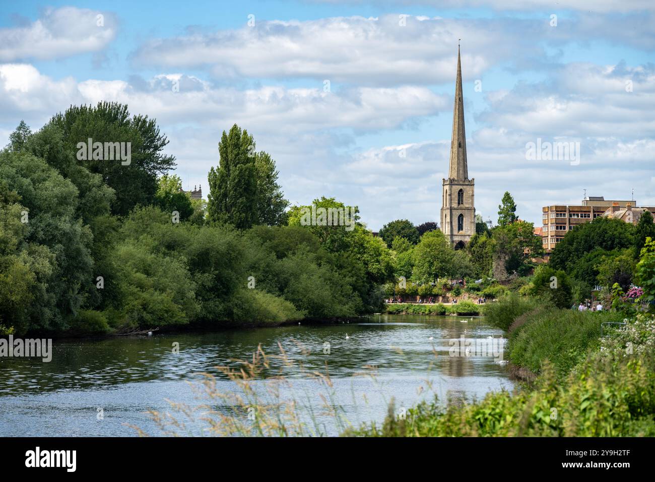the spire of St Andrews ruined church from the banks of the river ...