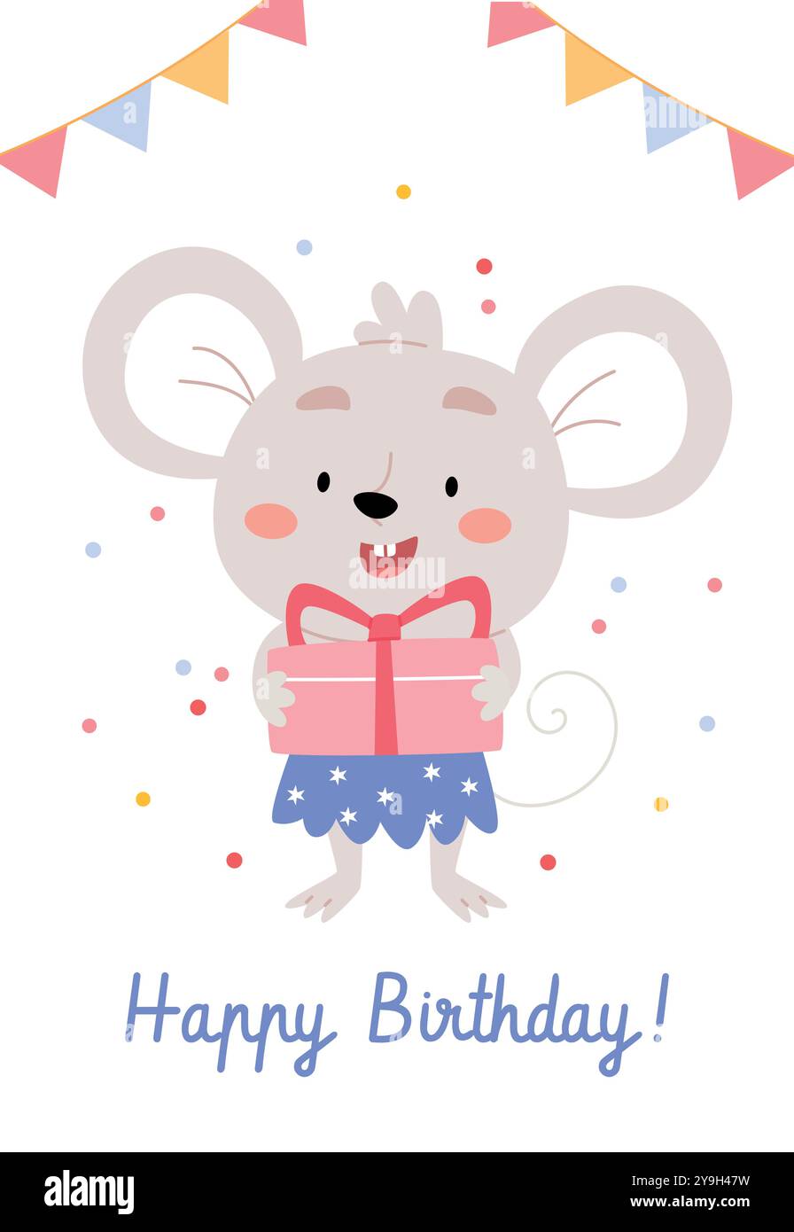 Children's birthday card or poster. Mouse holding a gift. Confetti ...