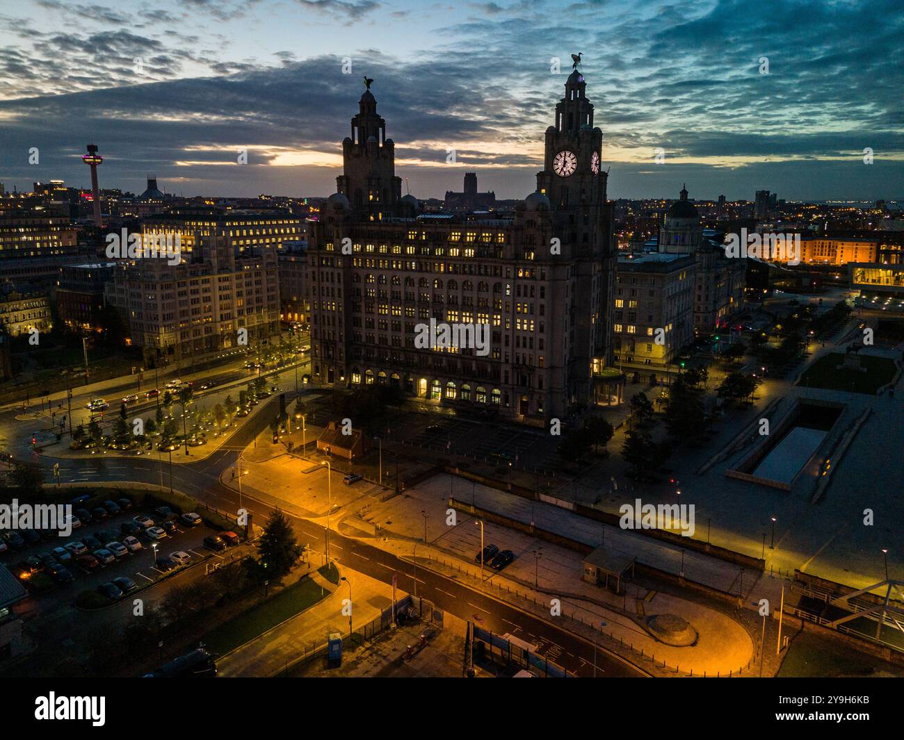 This captivating aerial shot showcases the illuminated royal liver ...