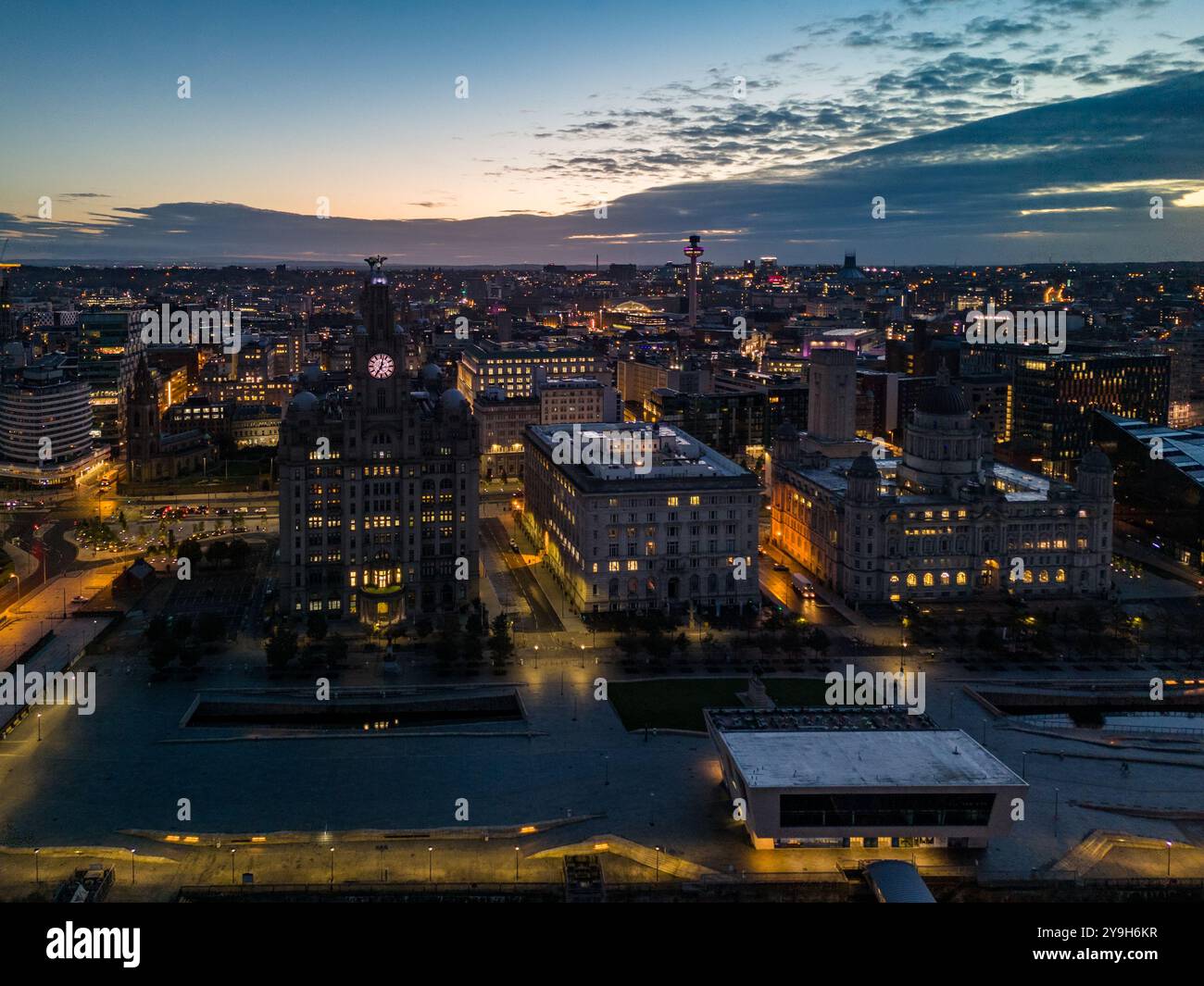 Aerial view of liverpool city centre at dusk, showing the liver ...
