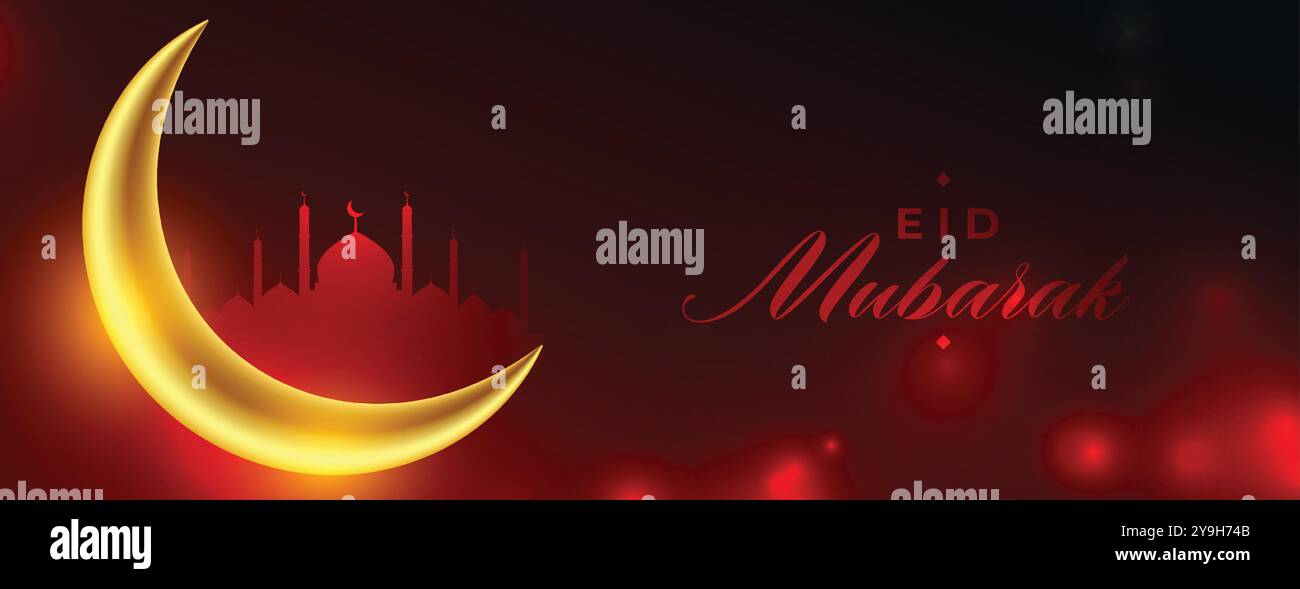 eid mubarak shiny red banner with realistic golden moon design vector ...