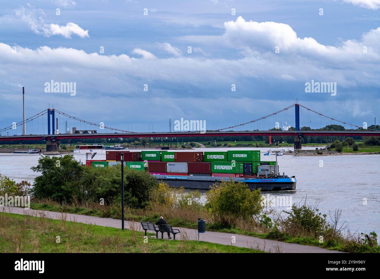 Cargo ship, loaded with containers, on the Rhine near Duisburg, the ...