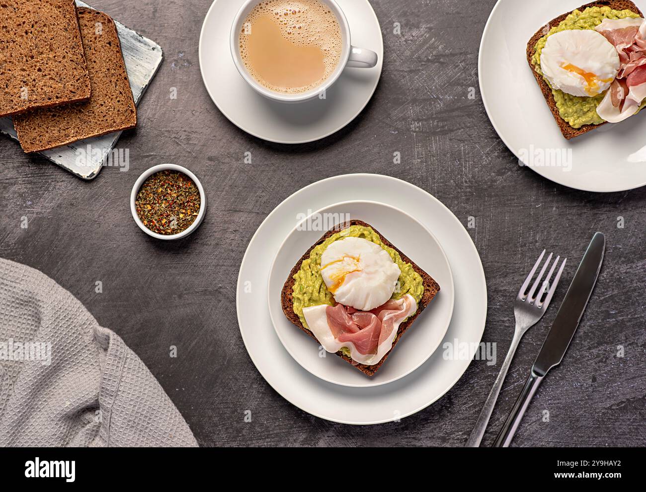 Food photography of nutritional breakfast, sourdough rye bread with ...
