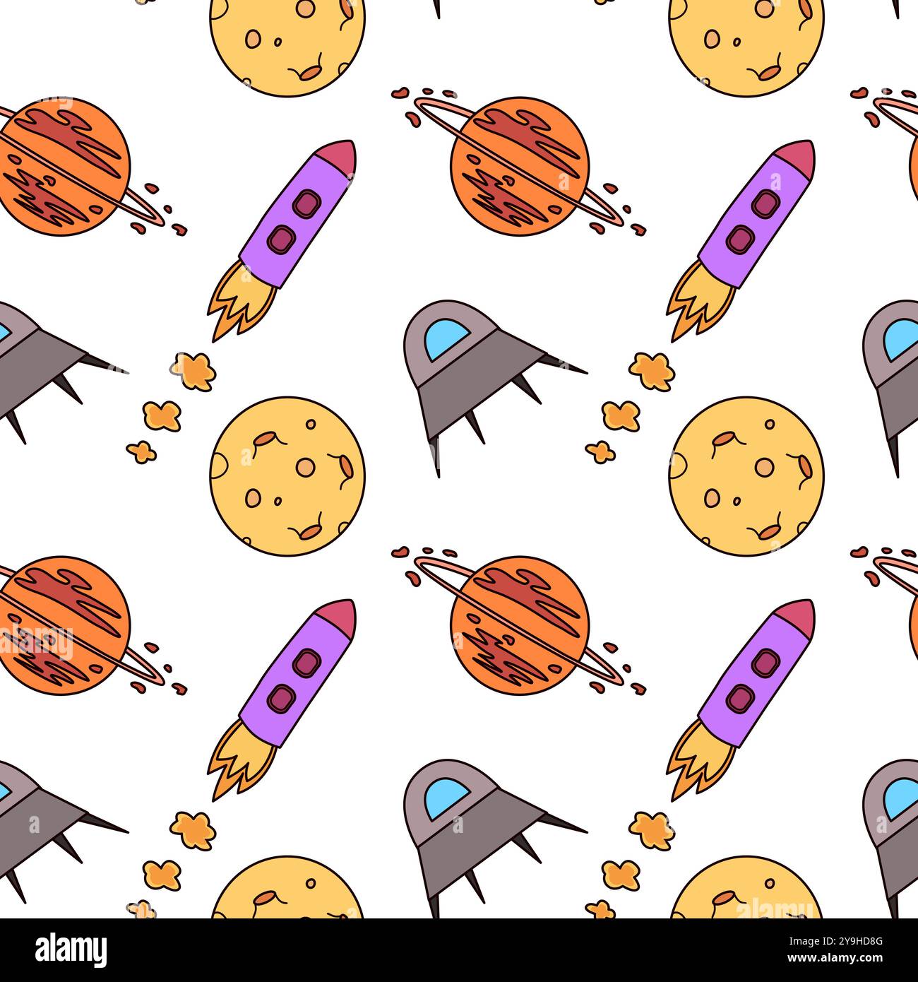 Seamless childish space pattern with spaceships and planets on white background. Hand Drawn ...