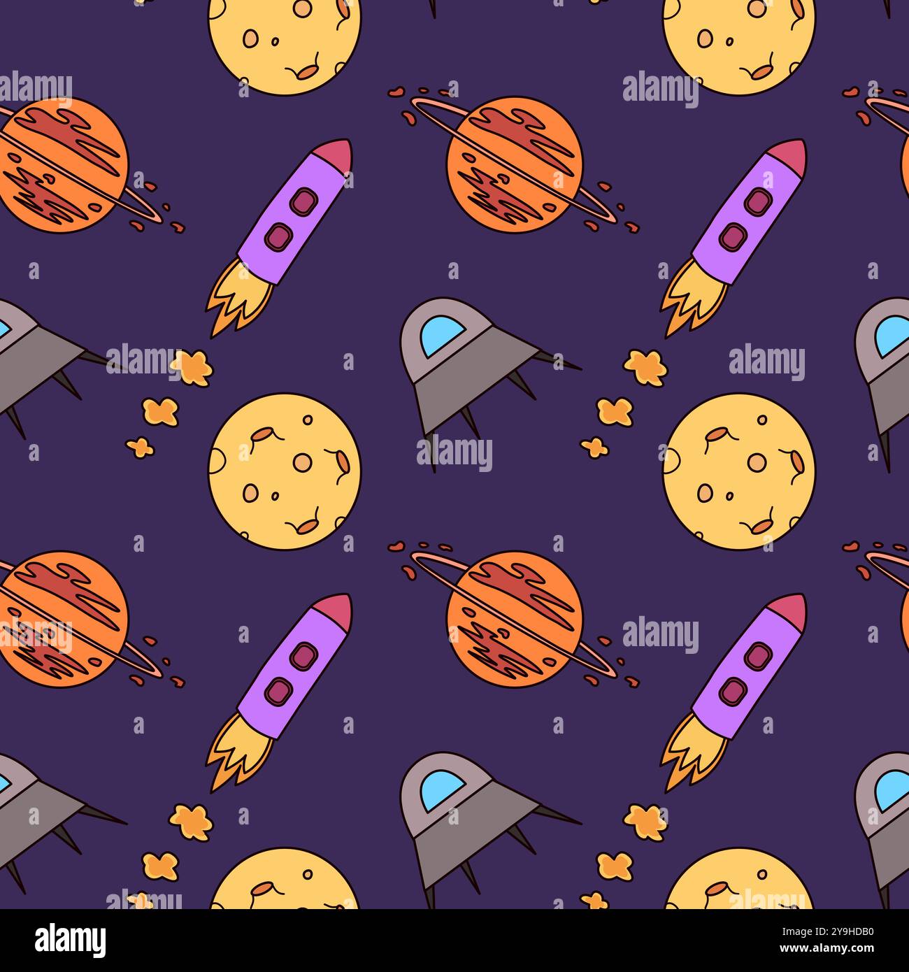 Seamless childish space pattern with spaceships and planets on purple ...