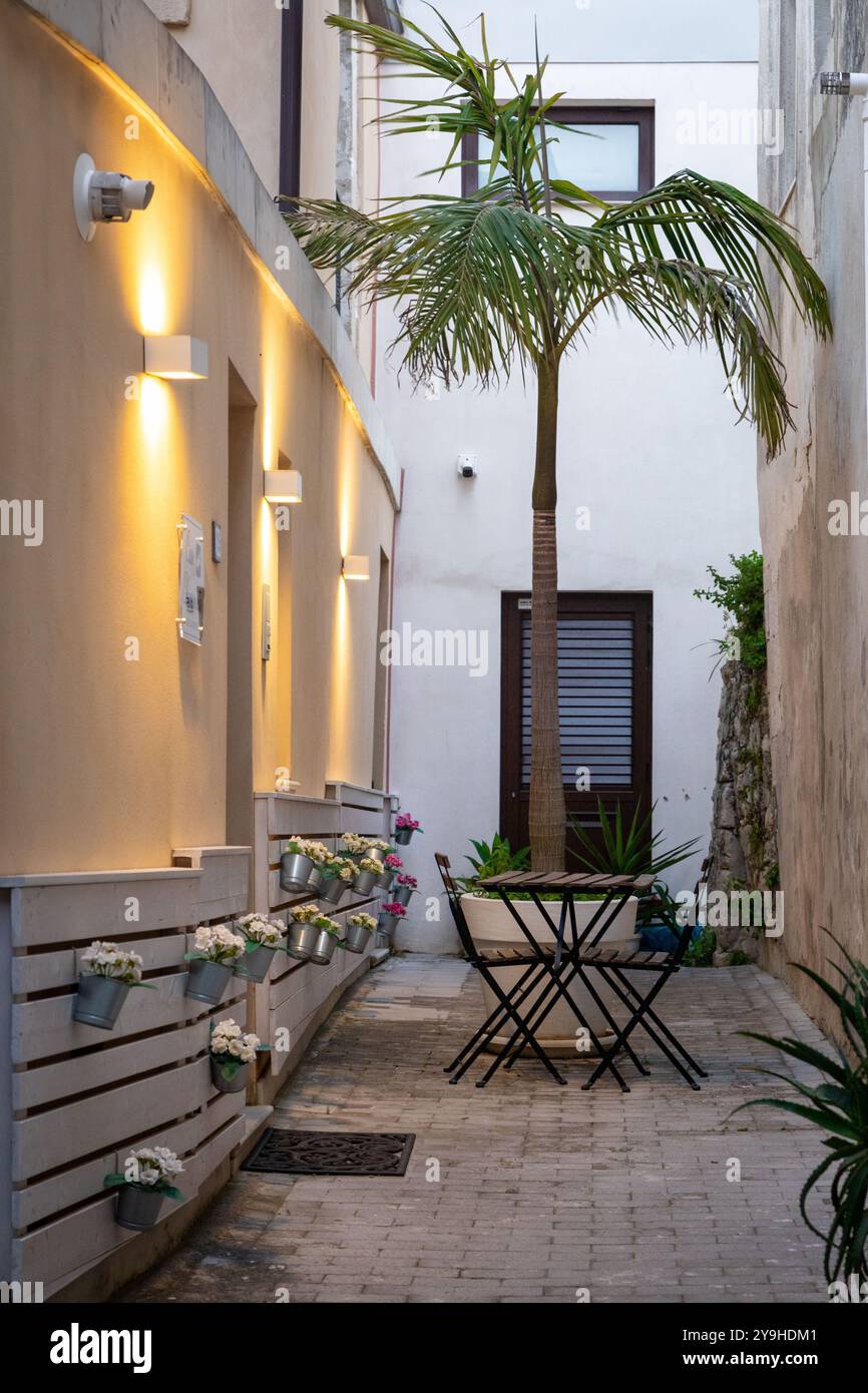 cozy quaint, enclosed patio with two wooden table and chairs, palm tree ...