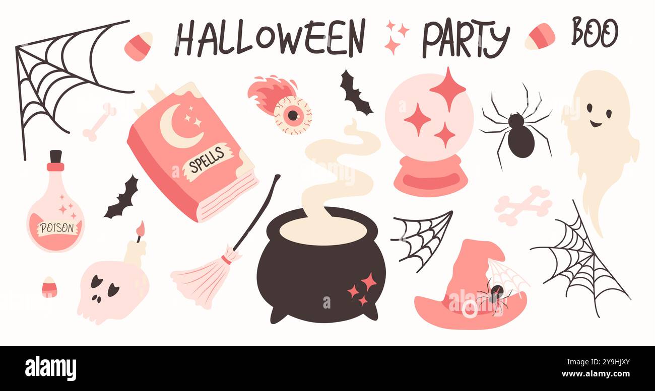 Halloween pink elements set. Cute decor of magical elements in a simple ...