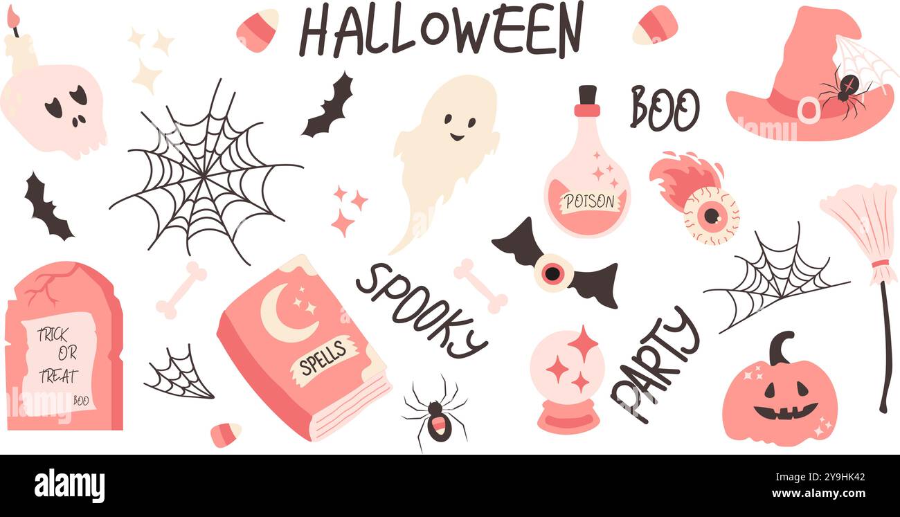 Halloween pink elements set. Cute decor of magical elements in a simple ...