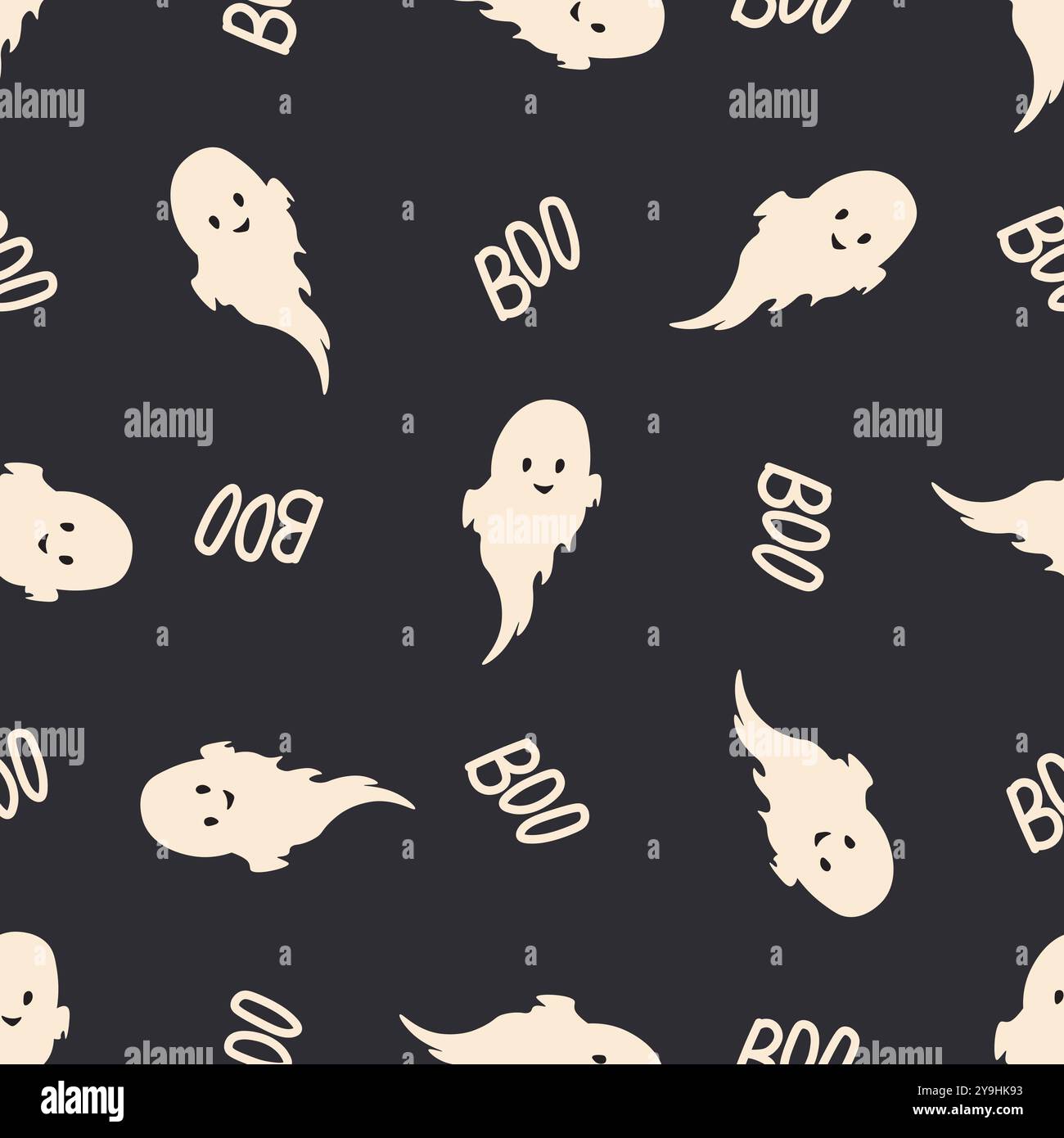 Seamless patterns with cute ghosts on black background. Simple spooky character. Festive ...