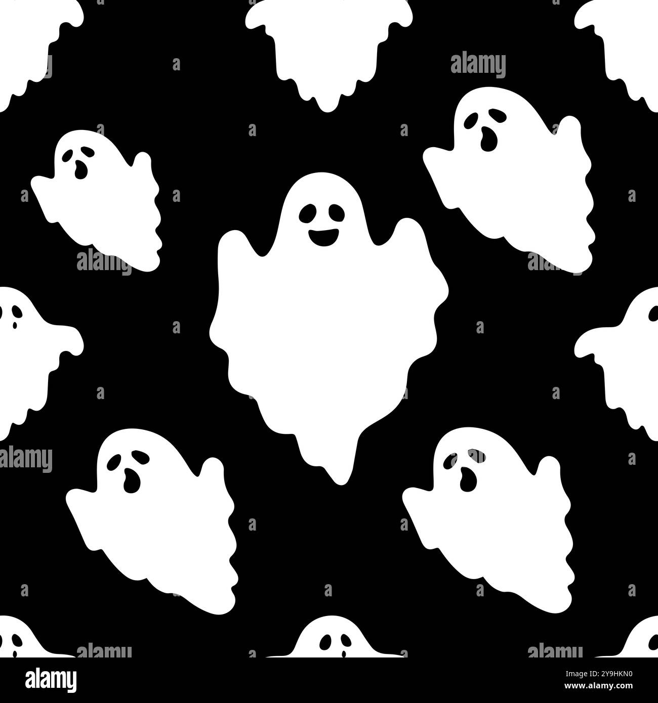 Seamless patterns with cute ghosts on black background. Simple spooky character. Festive ...