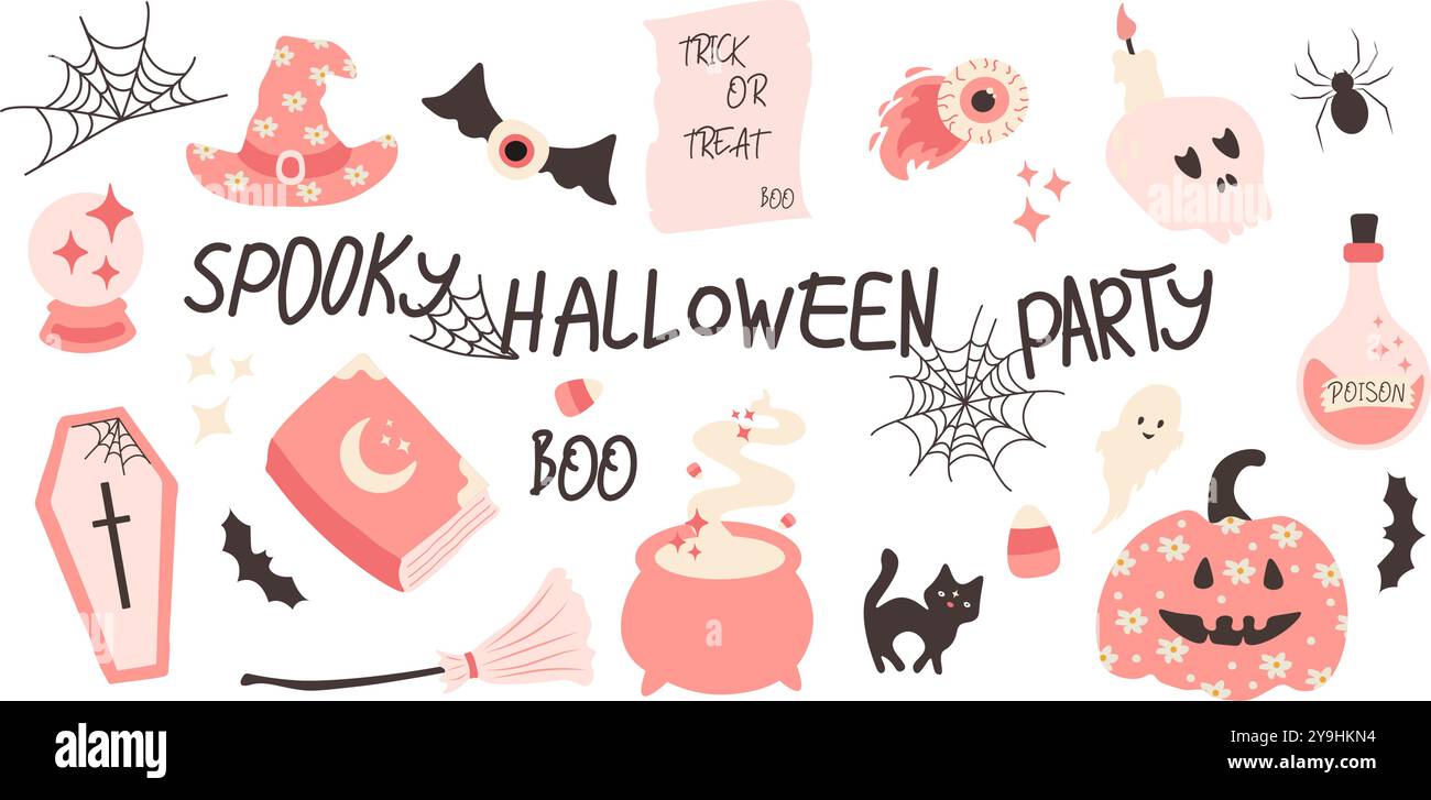 Halloween pink elements set. Cute decor of magical elements in a simple ...
