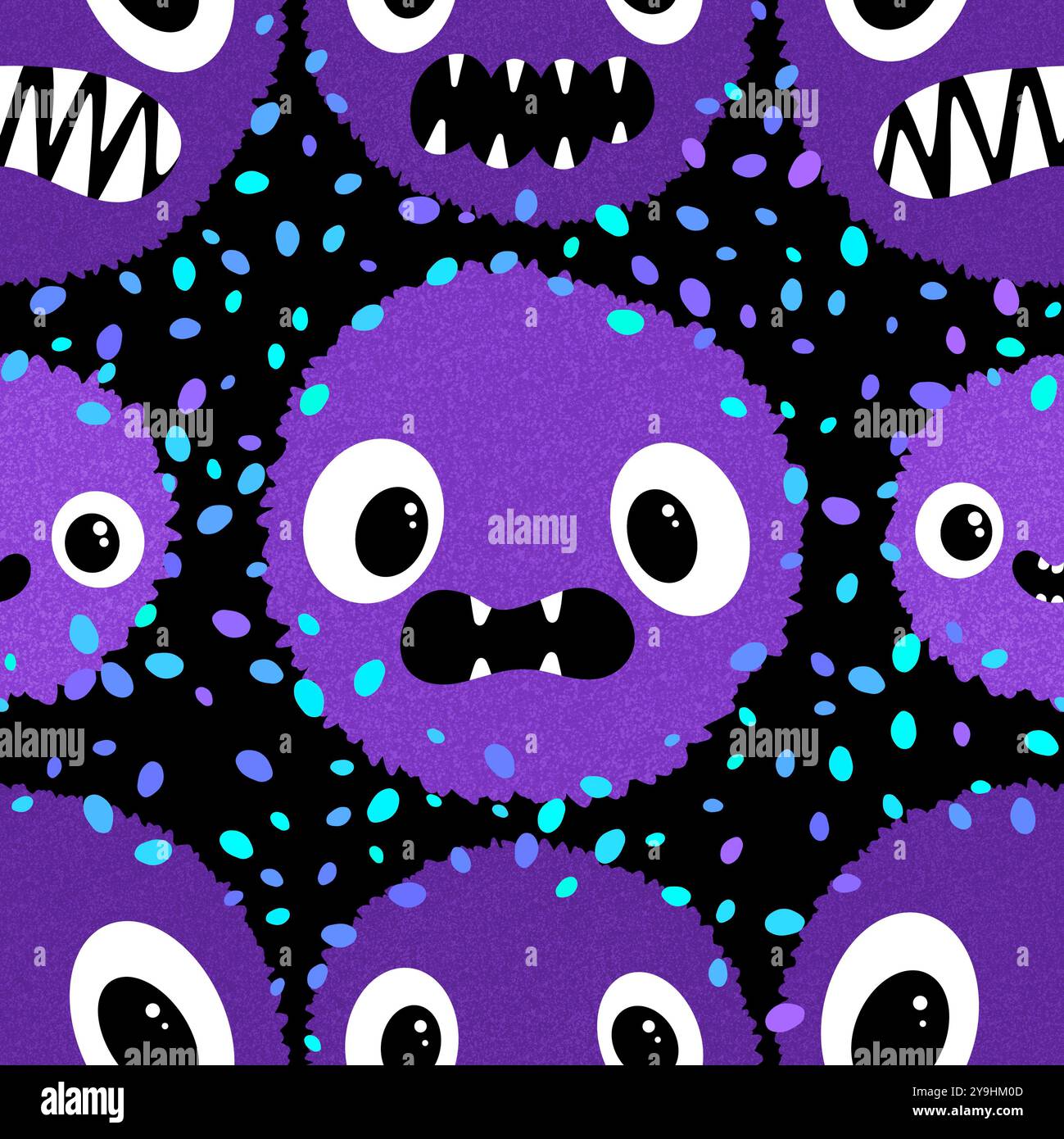 Cartoon circle monsters with teeth seamless Halloween animals pattern ...