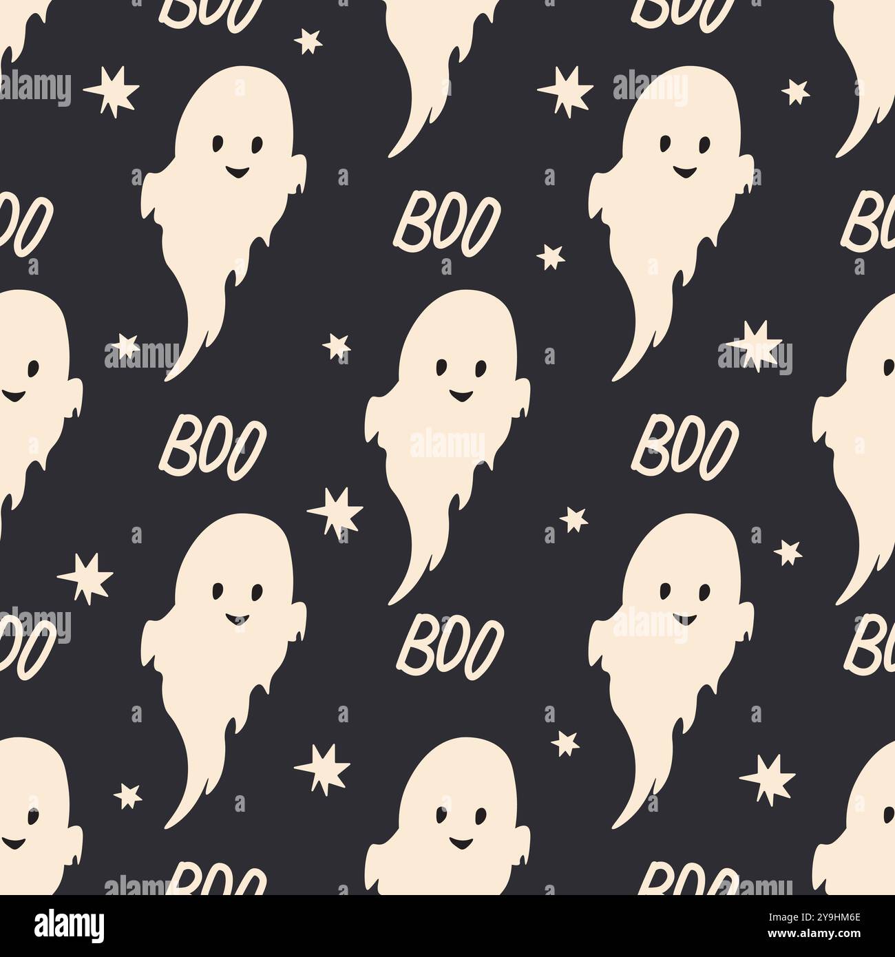 Seamless patterns with cute ghosts on black background. Simple spooky character. Festive ...