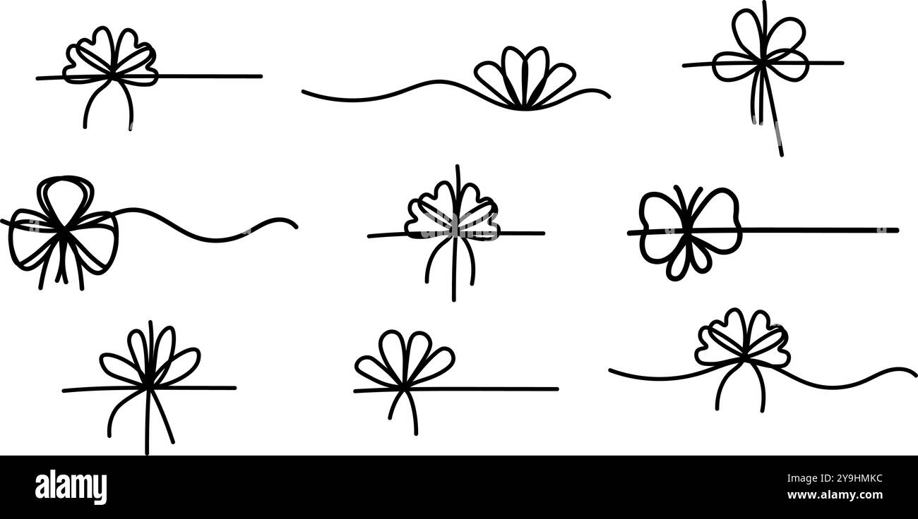 Set of simple black bows. Elegant gift ribbon on string for package or ...