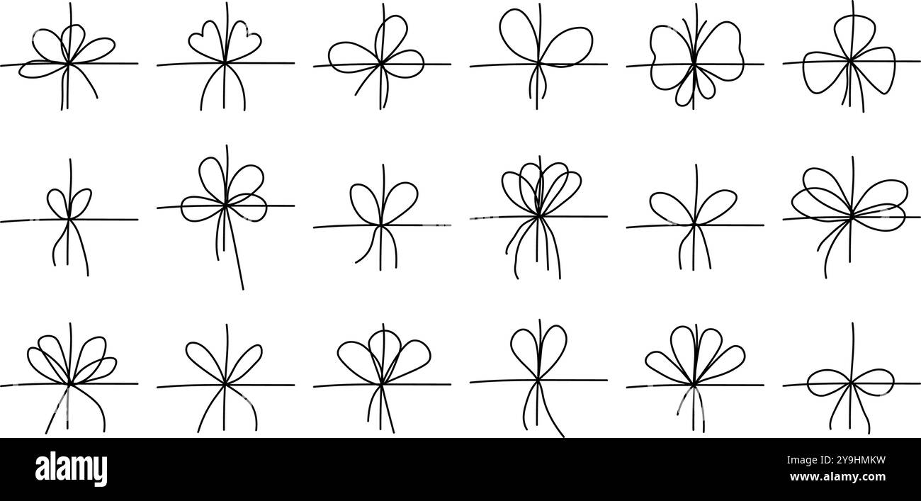 Set of simple black bows. Elegant gift ribbon on string for package or ...