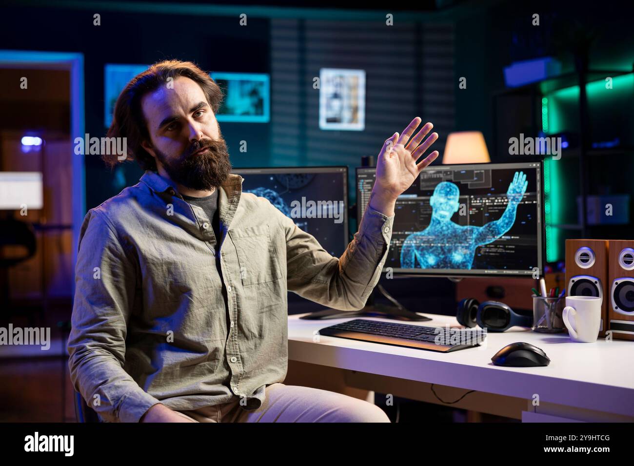 Deviant AI superintelligence enslaving its creator, controlling his limbs, doing robotic ...