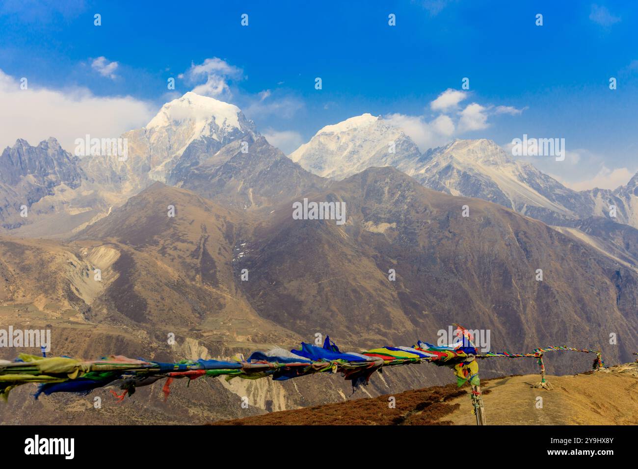 Traditional tibetian prayer flags in Himalaya mountains in Nepal ...