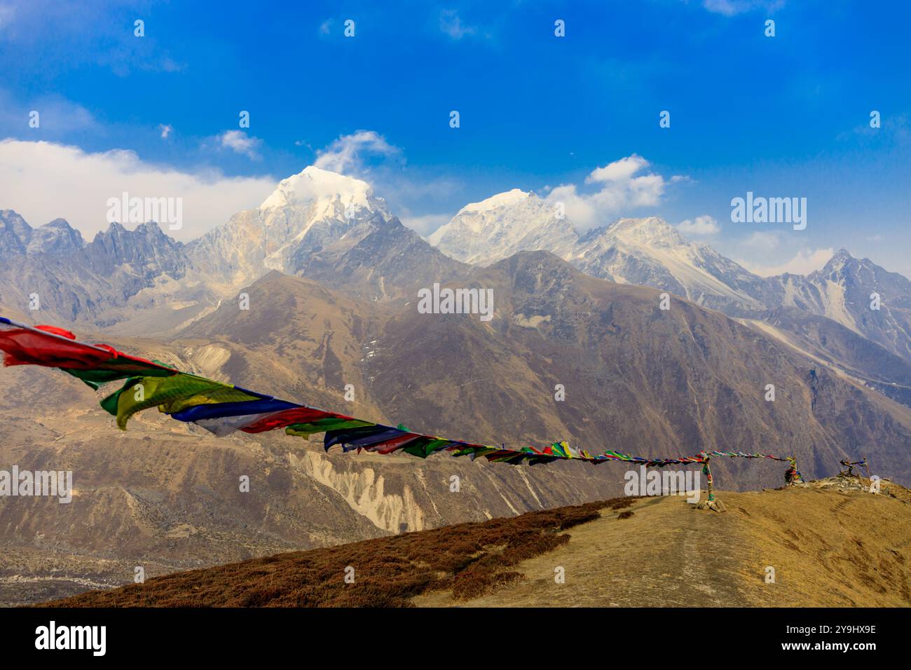 Traditional tibetian prayer flags in Himalaya mountains in Nepal ...