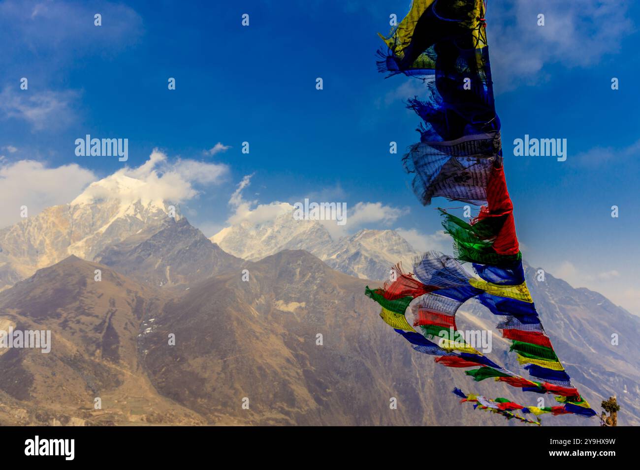 Traditional tibetian prayer flags in Himalaya mountains in Nepal ...