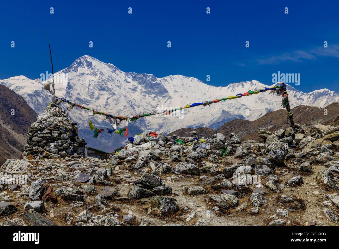 Traditional tibetian prayer flags in Himalaya mountains in Nepal ...