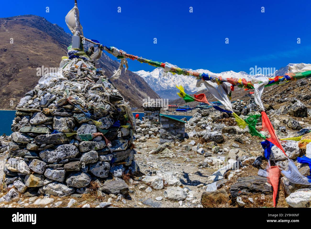 Traditional tibetian prayer flags in Himalaya mountains in Nepal. Beautiful scenery of mountains ...