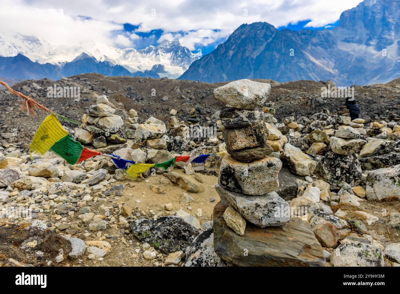 Traditional tibetian prayer flags in Himalaya mountains in Nepal ...