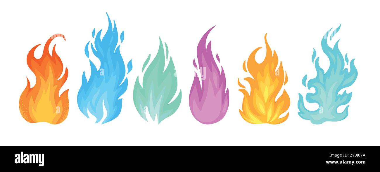 Colorful fire flames. Multicolored bonfire, burning fireballs and ...