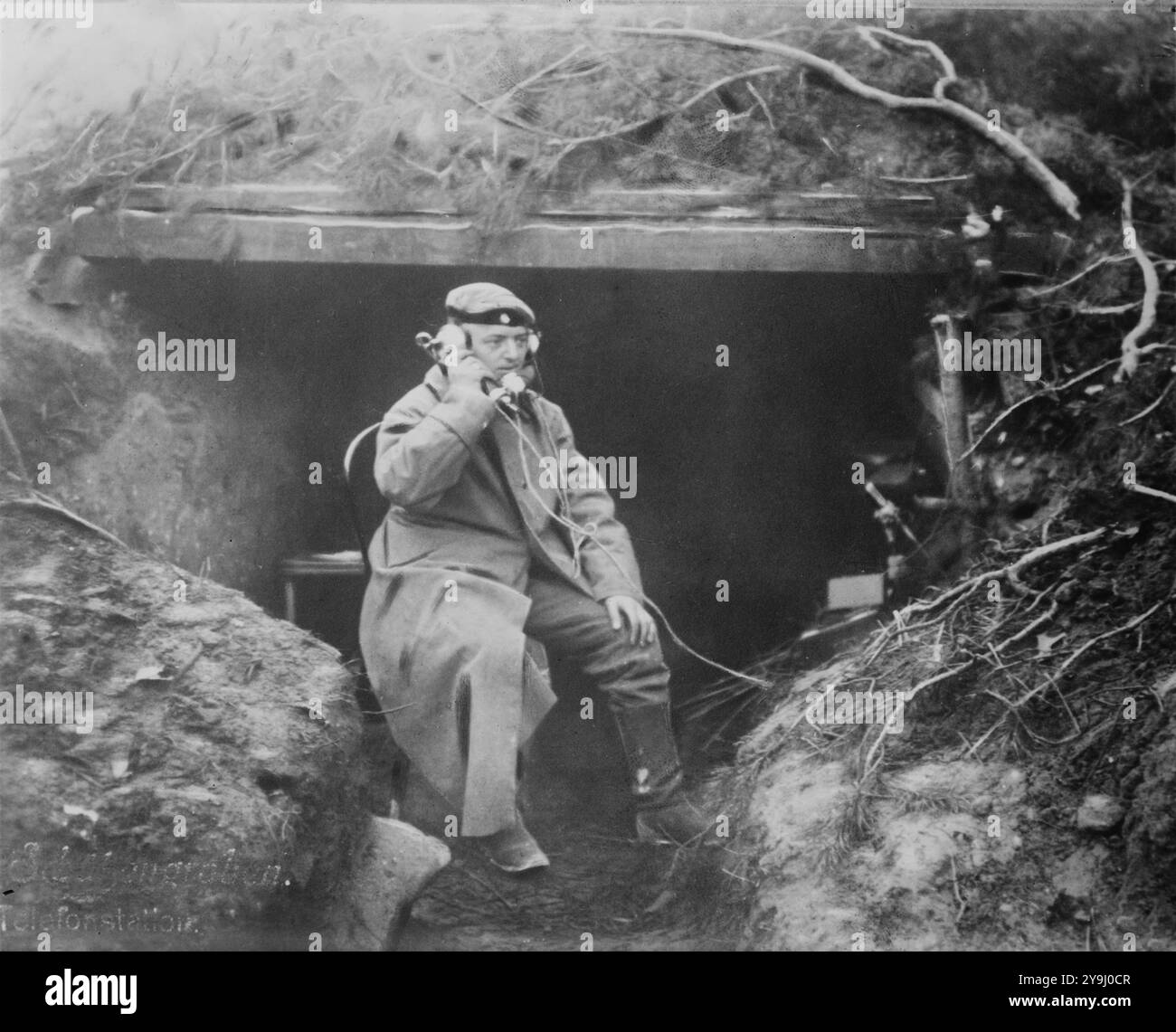 German soldier in trench on battlefield on the phone VIintage WWI photograph of German soldiers ...