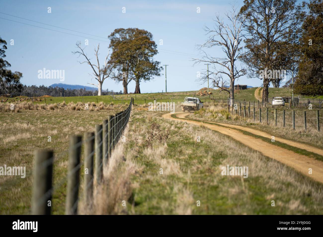 driving down a dirt road gravel road in outback australia in a ute ...