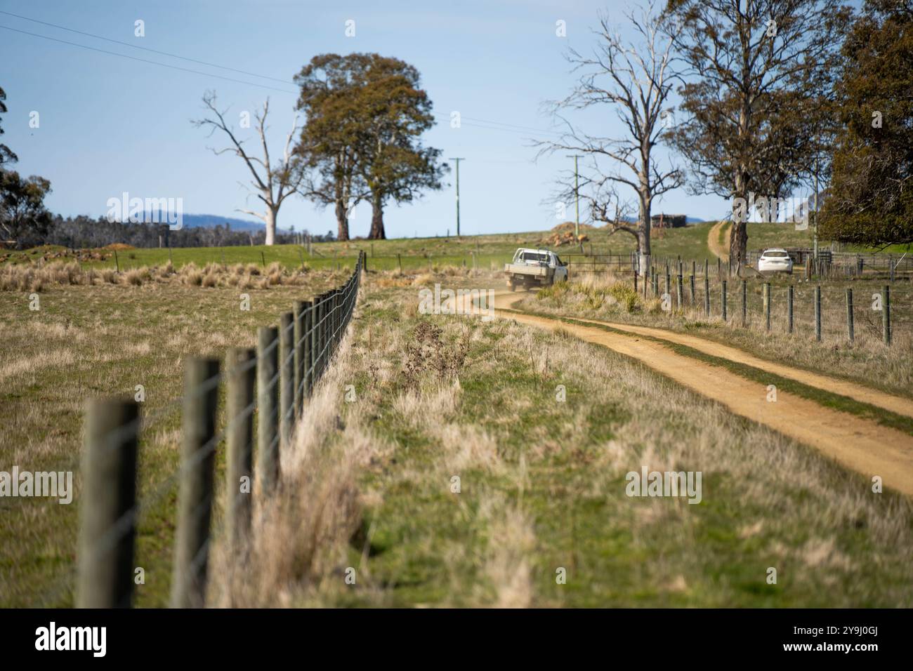 driving down a dirt road gravel road in outback australia in a ute ...