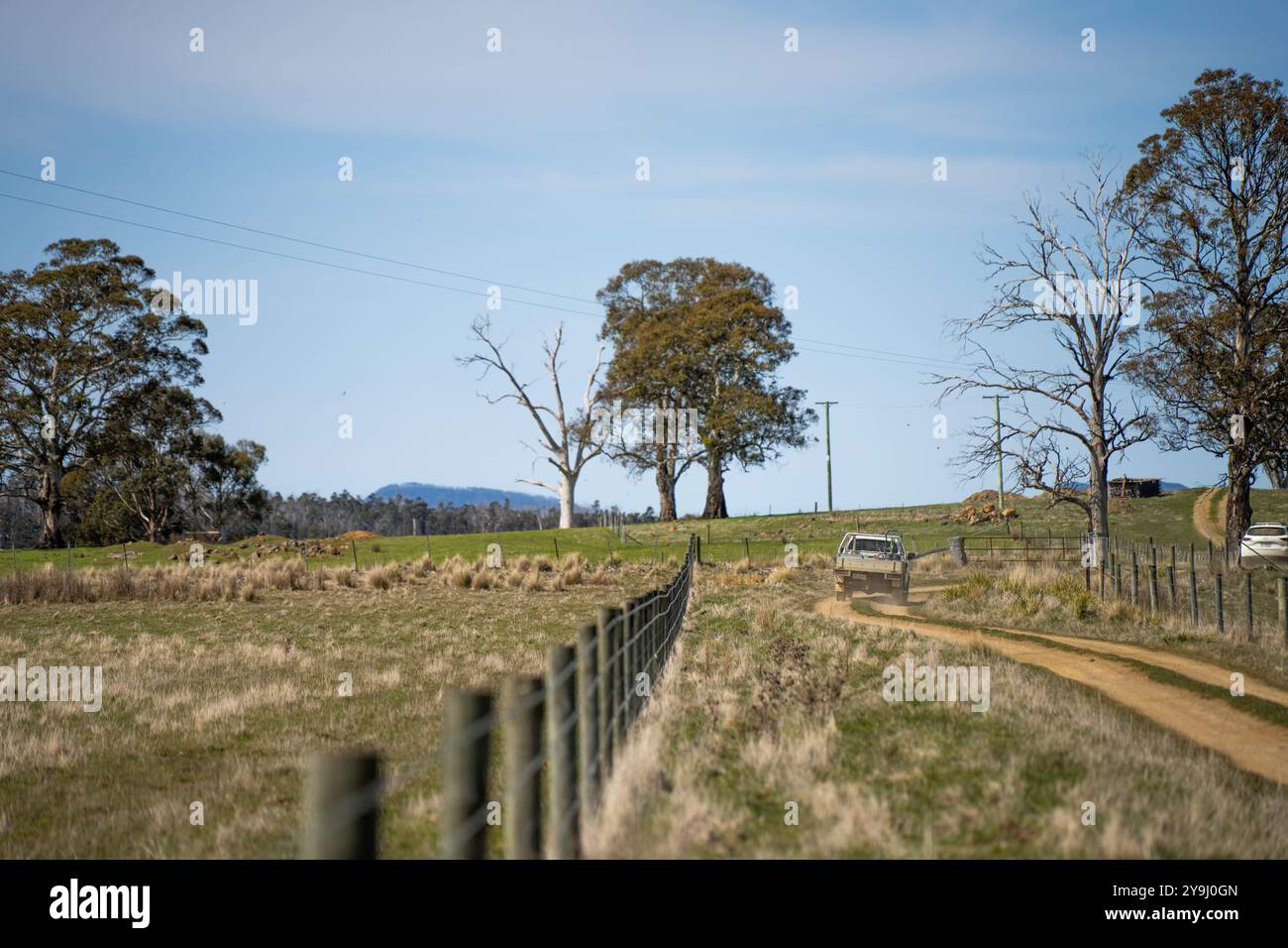 driving down a dirt road gravel road in outback australia in a ute ...