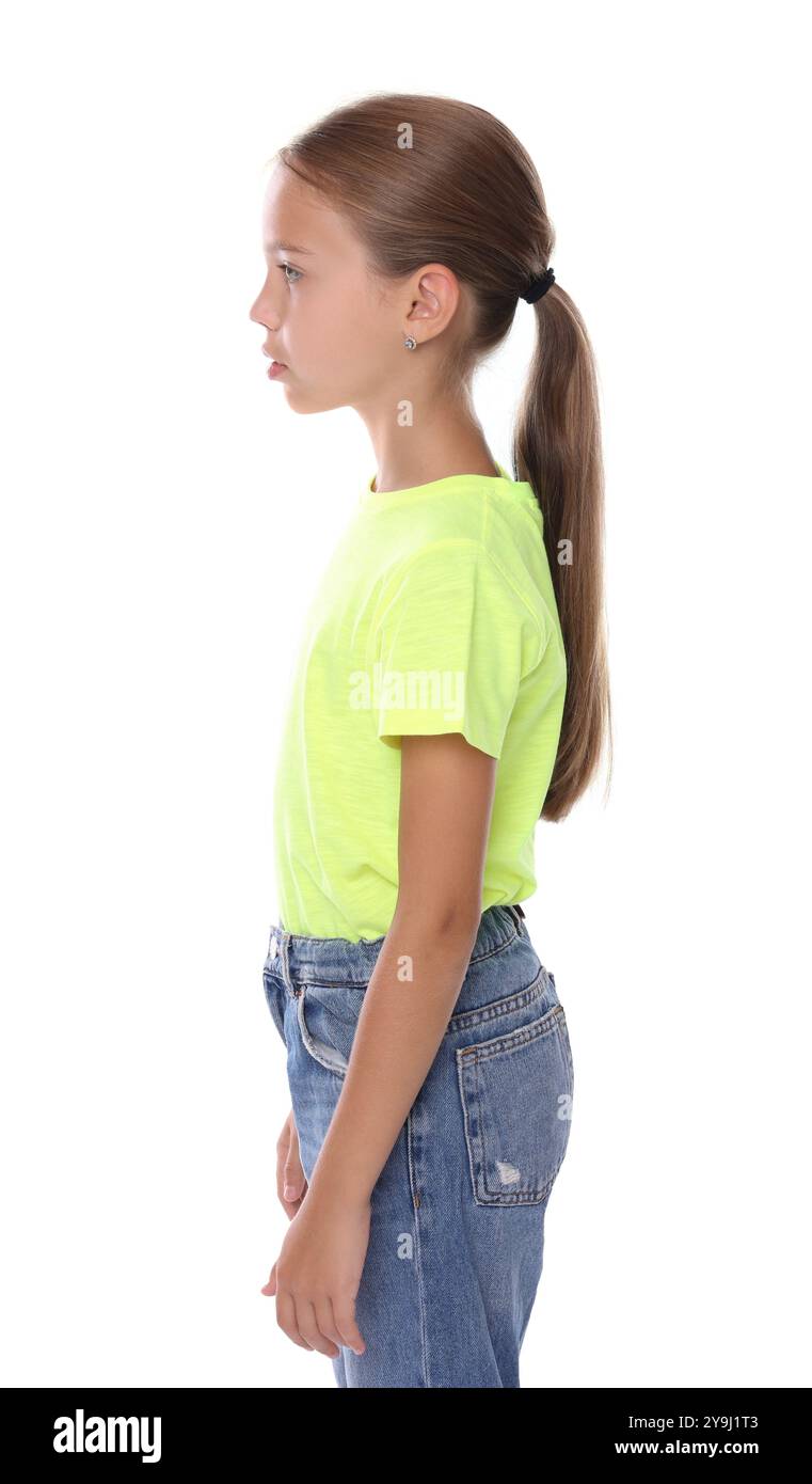 Girl with correct posture standing on white background Stock Photo - Alamy