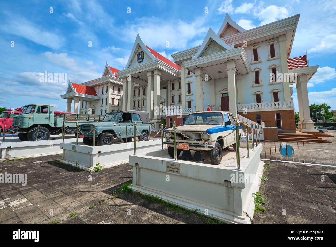 Front exterior facade, entrance of the building with various old rescue ...
