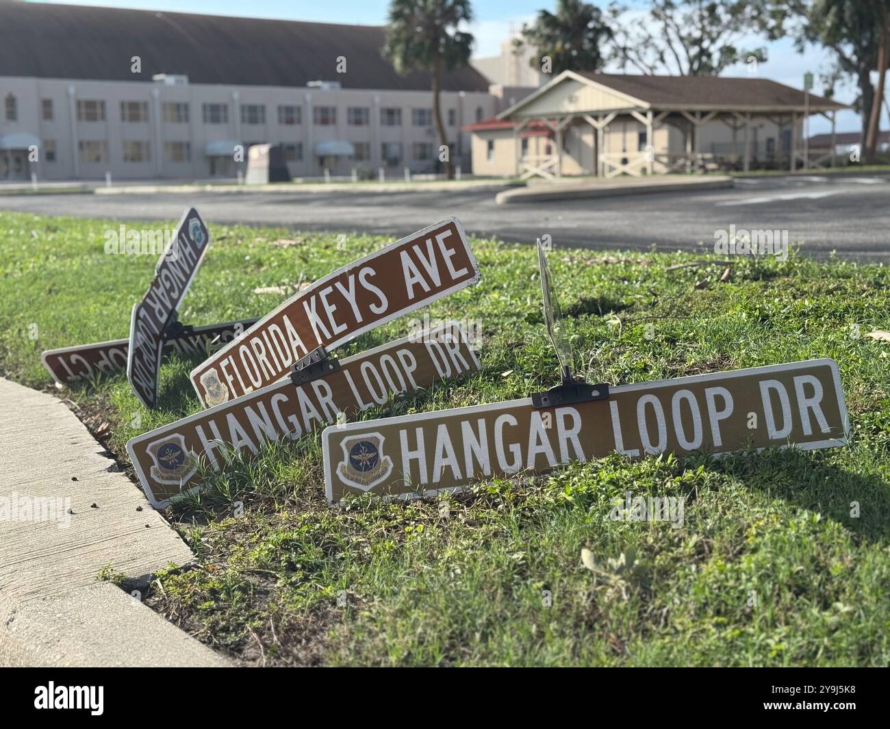 Street signs are shown on the ground at MacDill Air Force Base, Florida ...