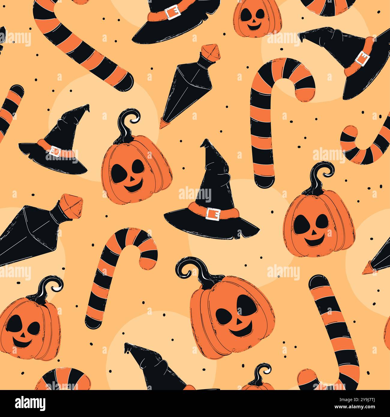 Halloween pattern with pumpkins, witch hats, and candy canes Vector ...