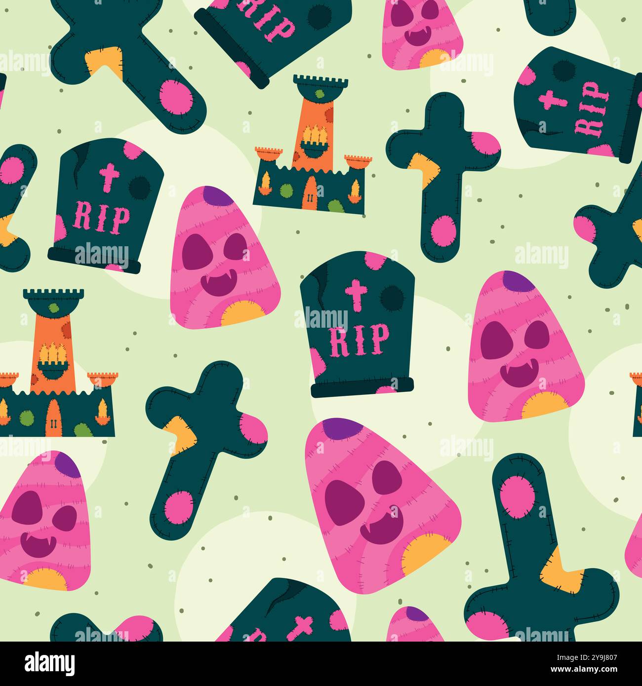 Creepy Halloween pattern featuring tombstones, skulls, crosses, and ...